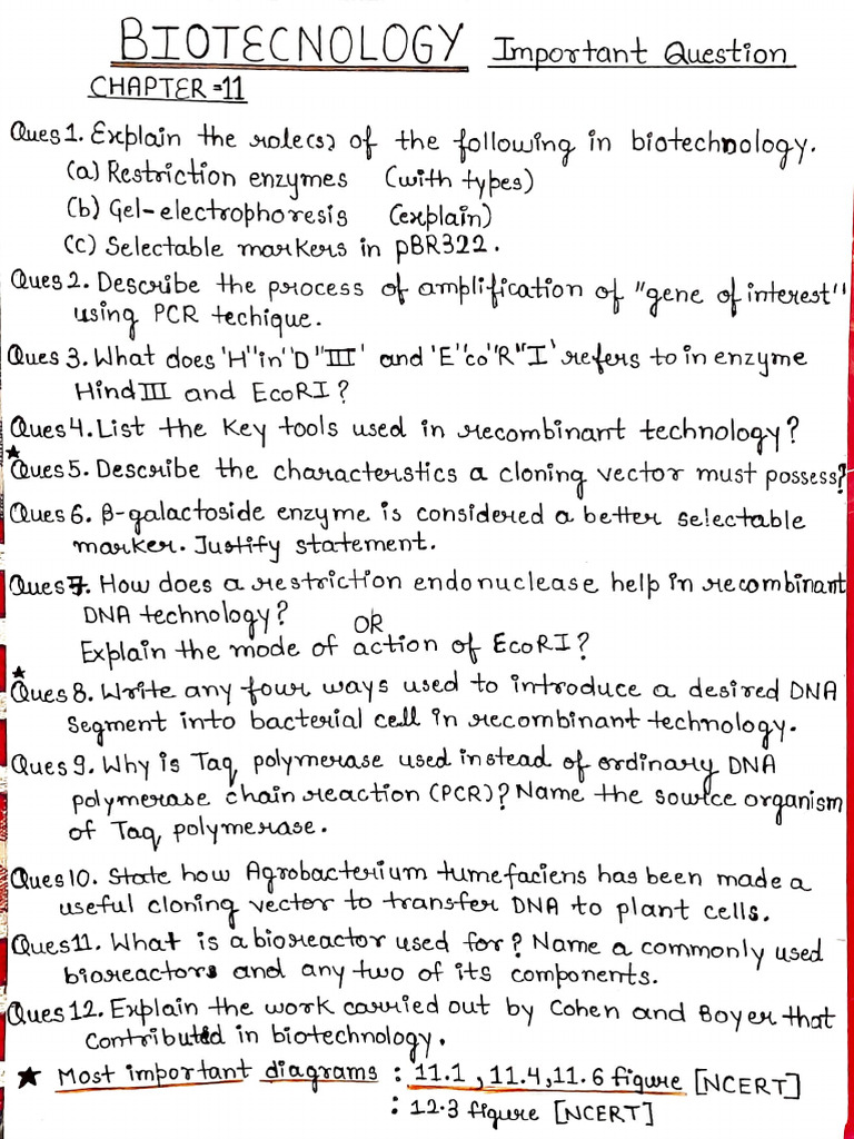 Biotechnology Unit Most Important Questions | PDF | Molecular Cloning | Dna