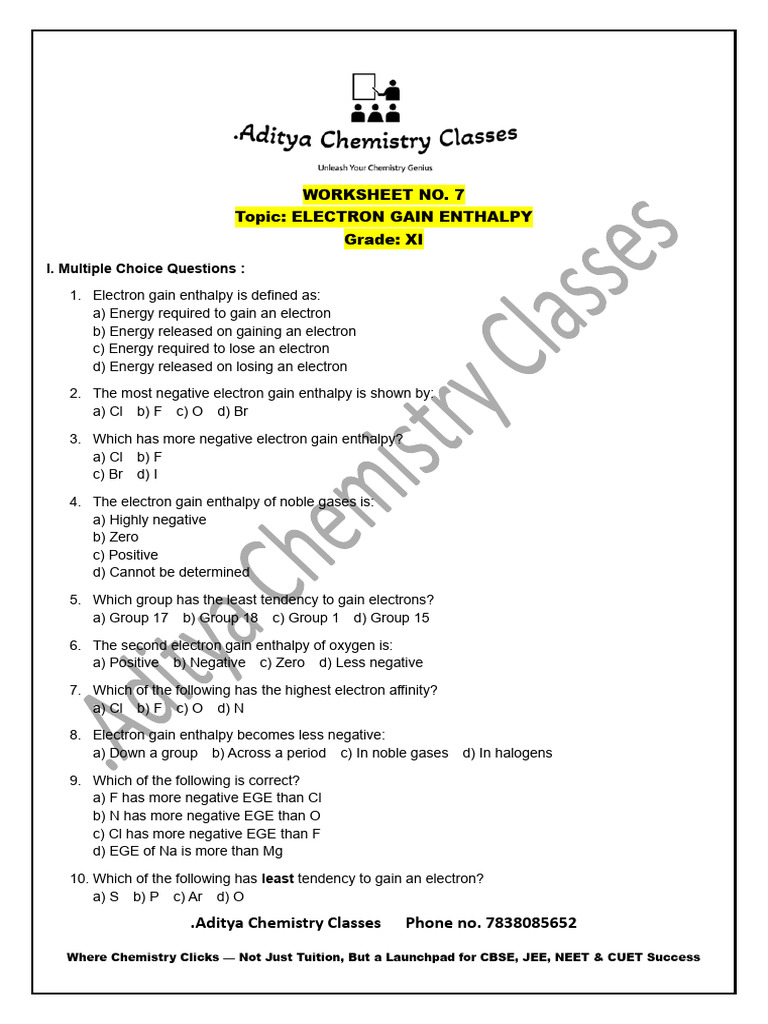 Worksheet No 7 Electron Gain Enthalpy | PDF | Chlorine | Applied And Interdisciplinary Physics
