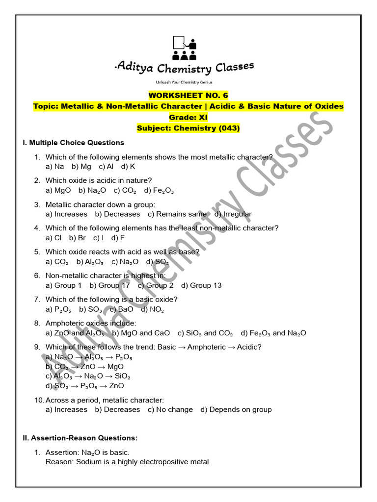 Worksheet No 6 - Metallicand Non Metallic Character | PDF | Chemistry ...