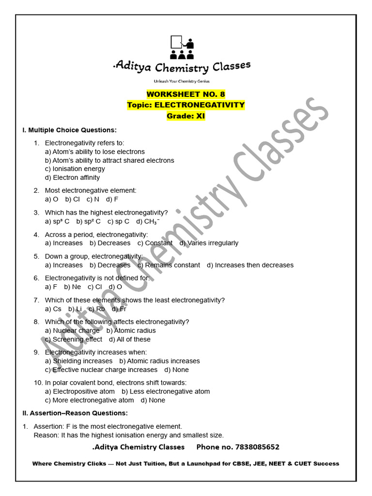 Electronegativity Worksheet for XI Grade | PDF | Chemical Bond ...