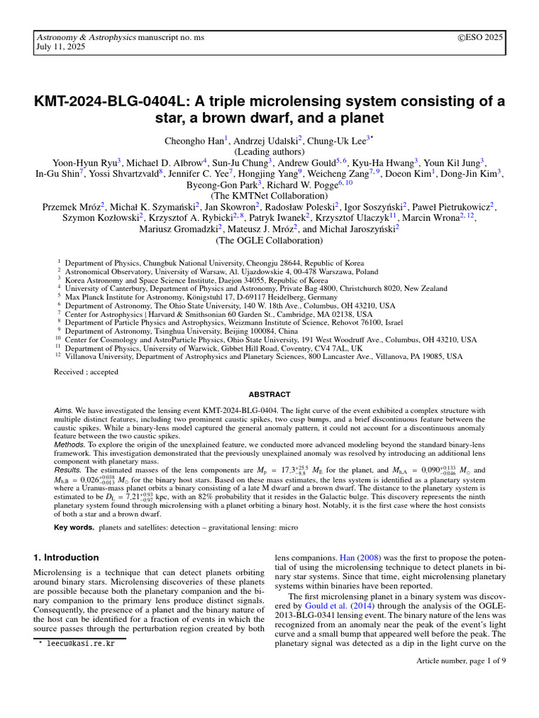KMT-2024-BLG-0404L - A Triple Microlensing System Consisting of A | PDF | Planets | Stars