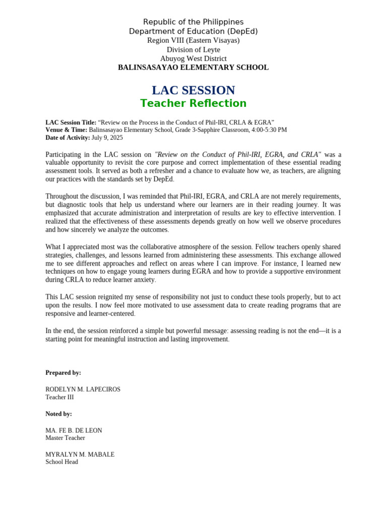 Teacher Reflection LAC Session RODELYN | PDF