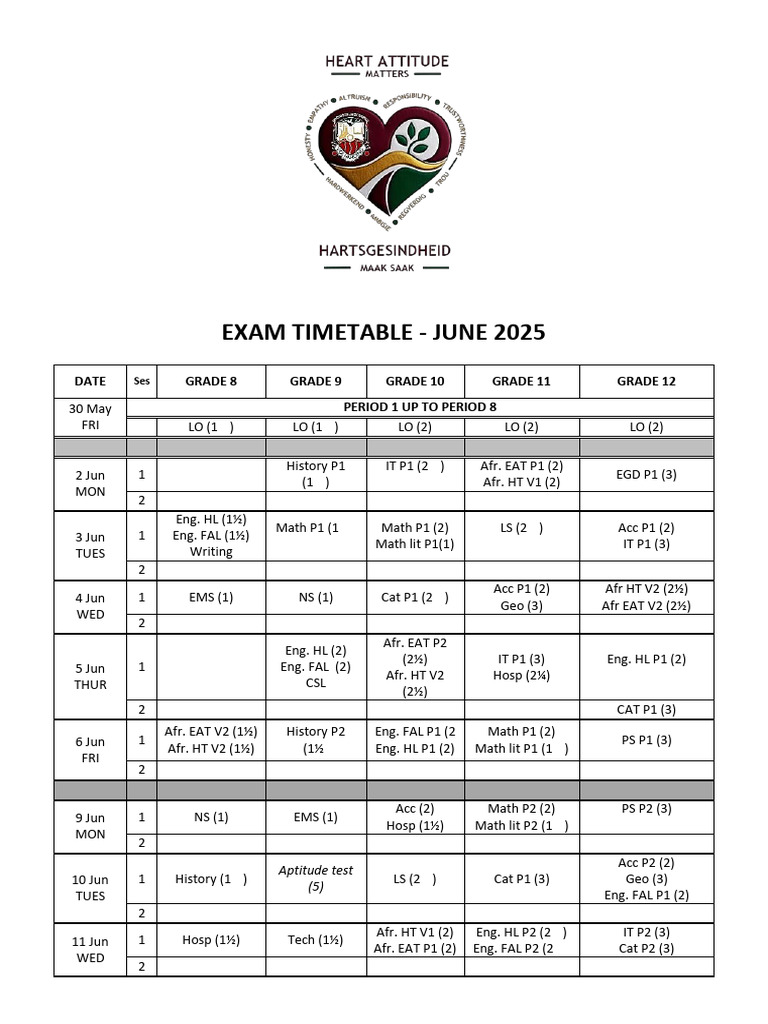 June 2025 Exam Timetable Pdf