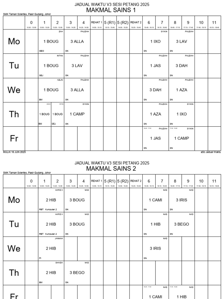 Jadual Bilik Khas (Sesi Petang) v3 2025 | PDF