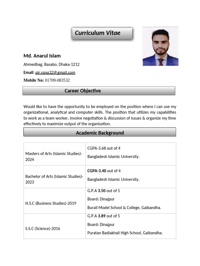 Md. Anarul Islam's CV Summary | PDF | Bangladesh