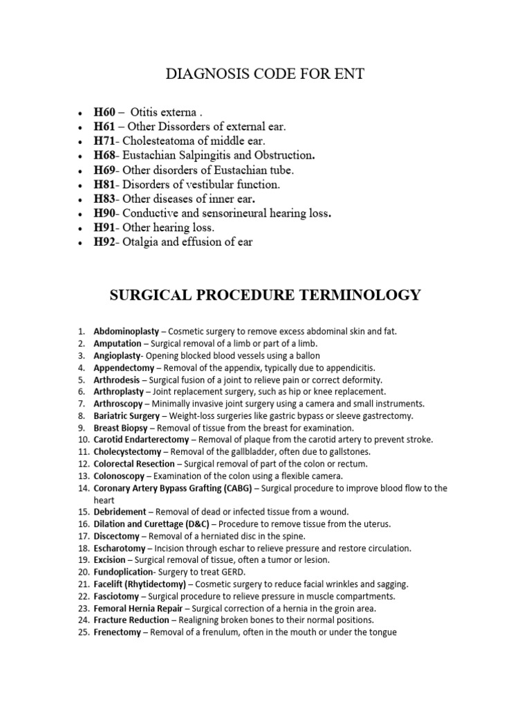 ENT Diagnosis and Surgical Codes | PDF | Surgery | Bariatric Surgery