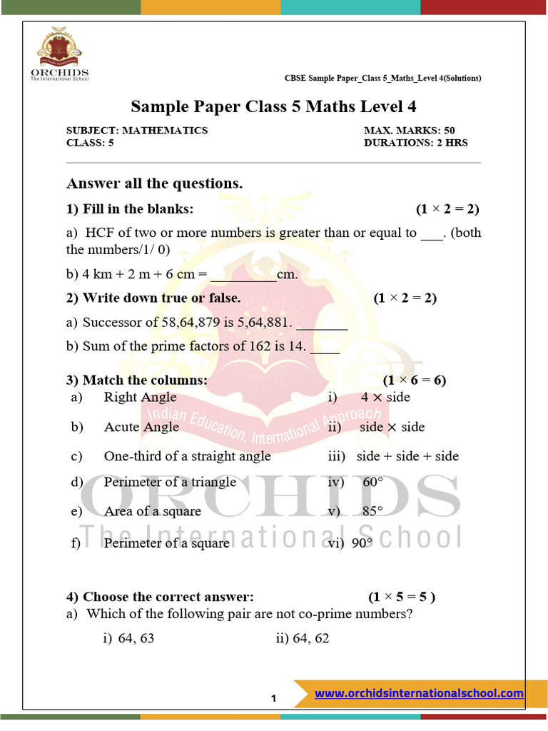 Class 5 Maths Sample Paper Solutions | PDF | Area | Length