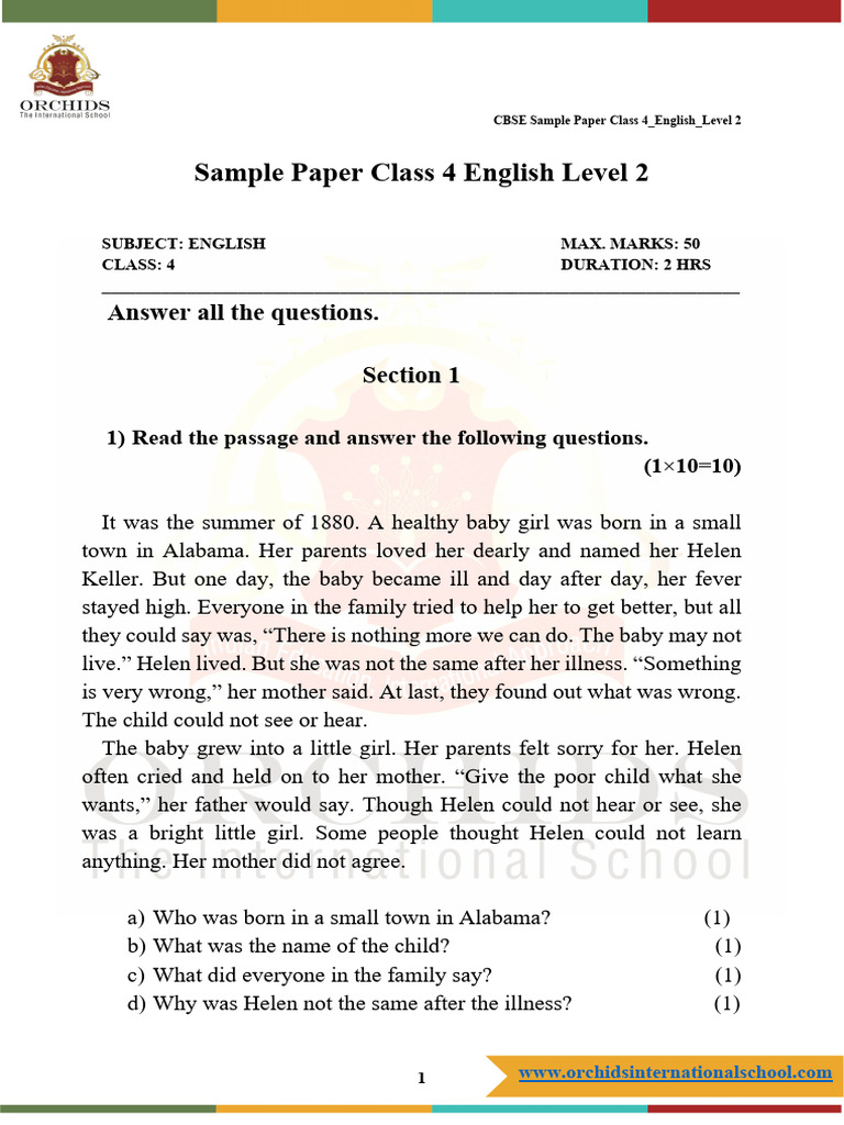 Question Sample Paper Class 4 English Level 3 | PDF | Linguistic ...