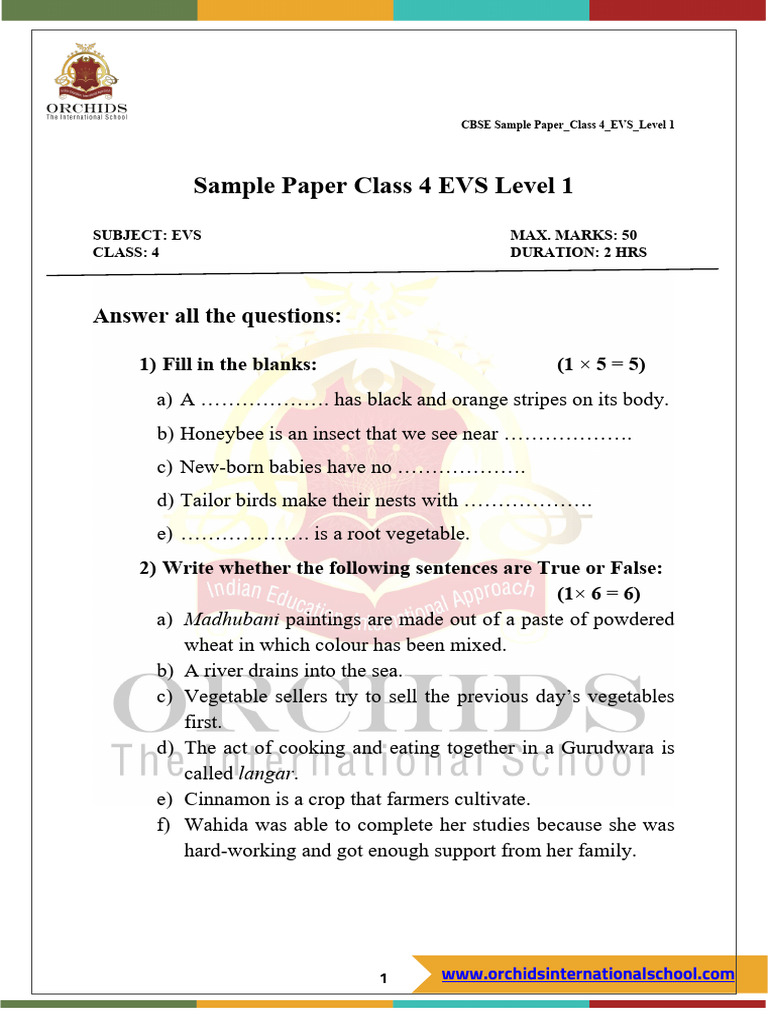 Class 4 EVS Sample Paper Level 1 | PDF