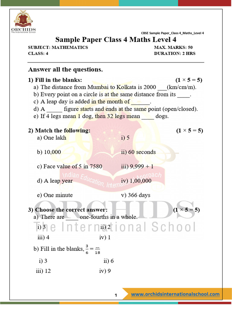 Class 4 Maths Sample Paper Overview | PDF