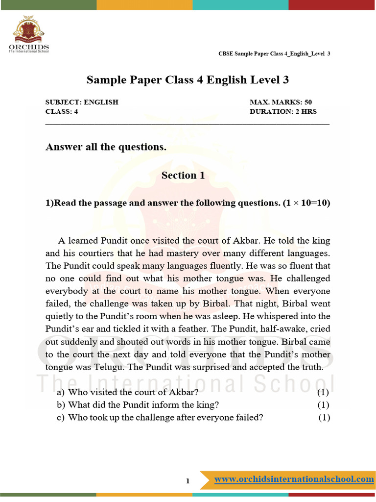 Class 4 English Sample Question Paper | PDF | Linguistic Morphology ...