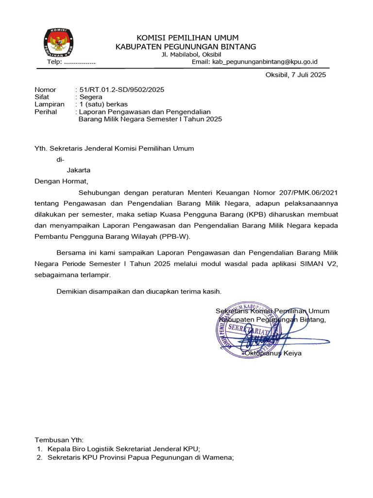 Surat Pengantar Laporan Wasdal SMT I THN 2025 | PDF