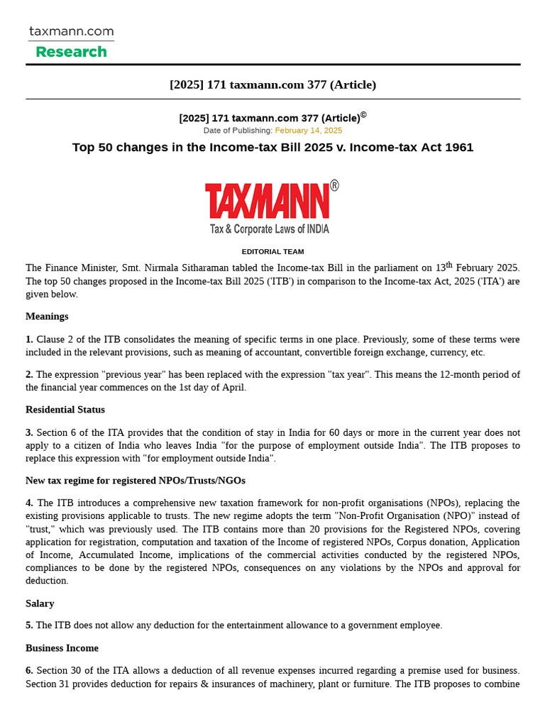 Top 50 Changes in Income-tax Bill 2025 | PDF | Tax Deduction ...