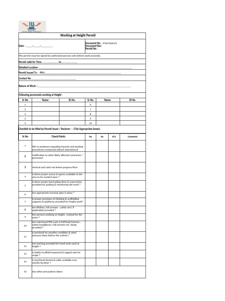 RBTPL - Height Work Permit | PDF | Occupational Safety And Health | Safety