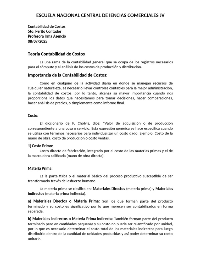 Ejemplo para Determinar El Costo Primo | PDF | Contabilidad de costos ...