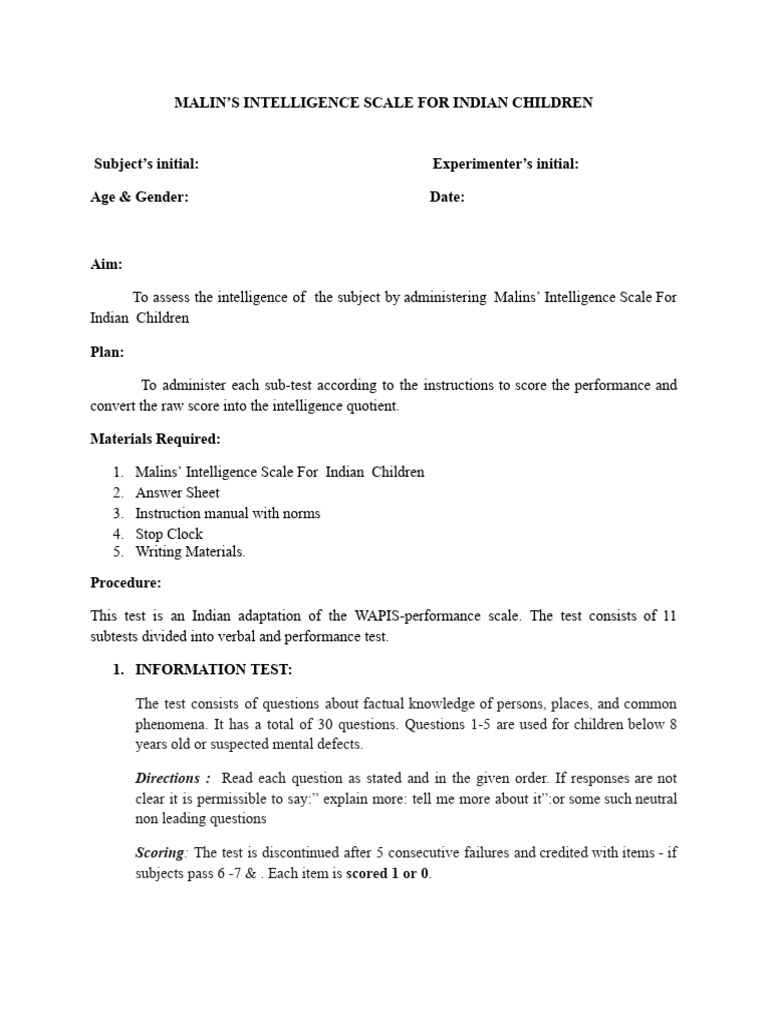 X-Malin's Intelligence Scale For Indian Children | PDF | Analogy ...