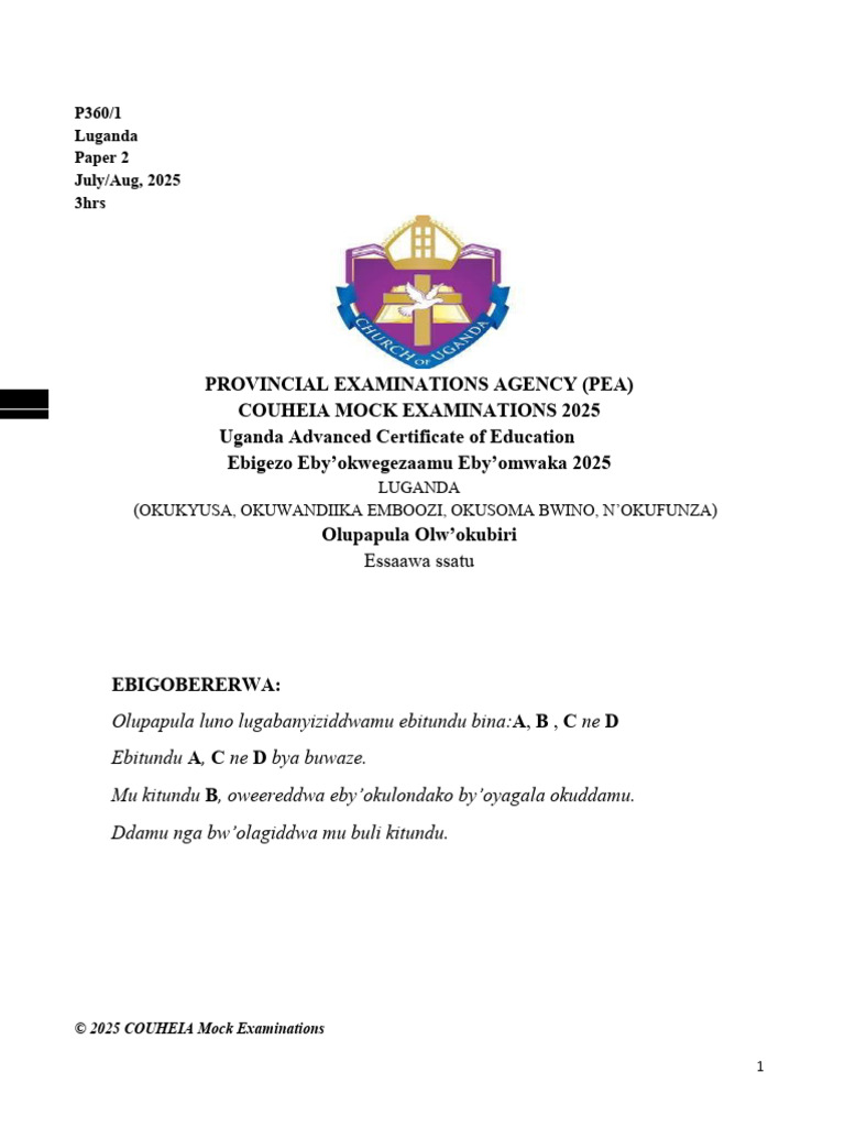Luganda .2 Uace Pea Mock 2025 Final | PDF | Gender Equality | Gender ...