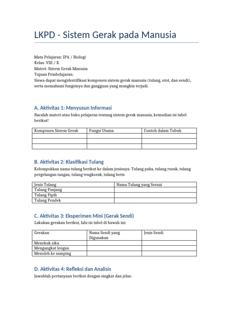 LKPD Sistem Gerak Manusia | PDF