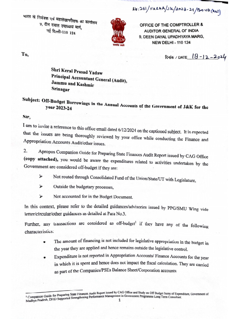 Letter To JK On Audit of Finance and Appropriation Accounts | PDF