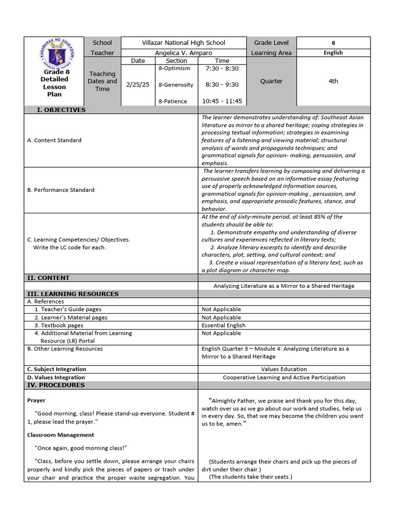 Grade 8 English Lesson Plan on Literature | PDF | Plot (Narrative ...