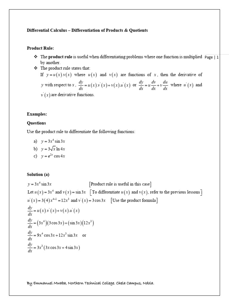 Differential Calculus - Differentiation of Products & Quotients | PDF ...