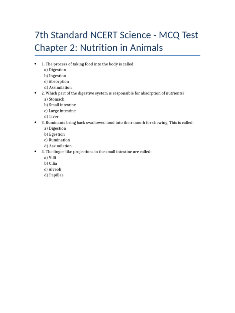 Class 7 MCQs on Animal Nutrition | PDF