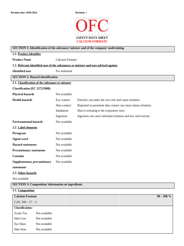 Calcium Formate 98 (OFC - MSDS) | PDF | Toxicity | Occupational Safety ...