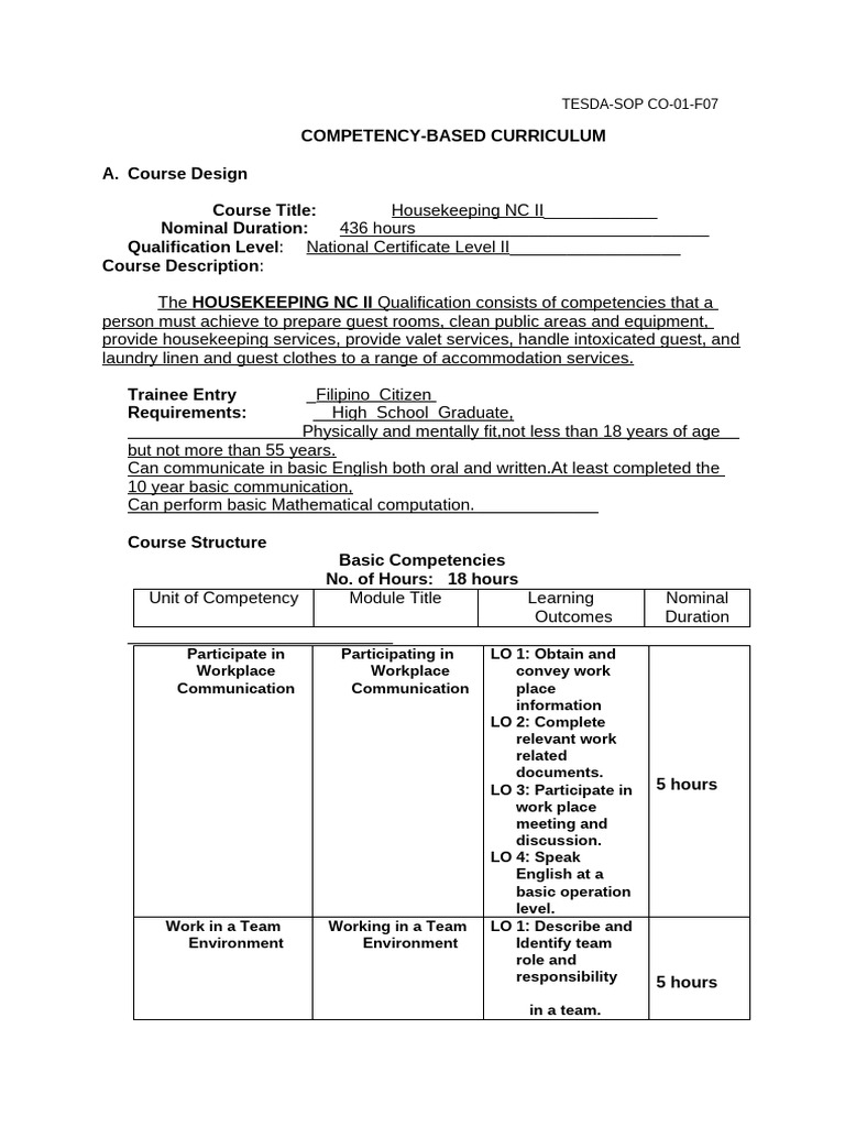 Housekeeping NC II Curriculum Overview | PDF | Hygiene | Occupational ...