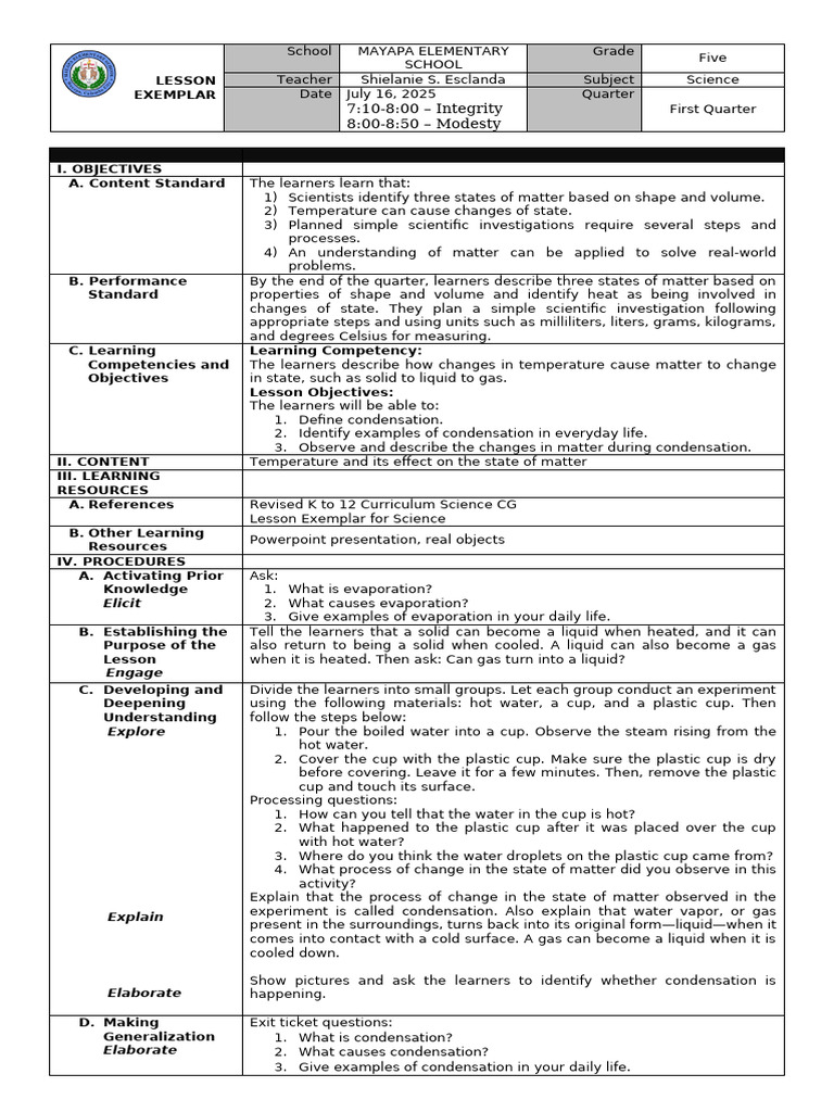Q1 Science 5 Week 5 Day 3 | PDF | Water | Water Vapor