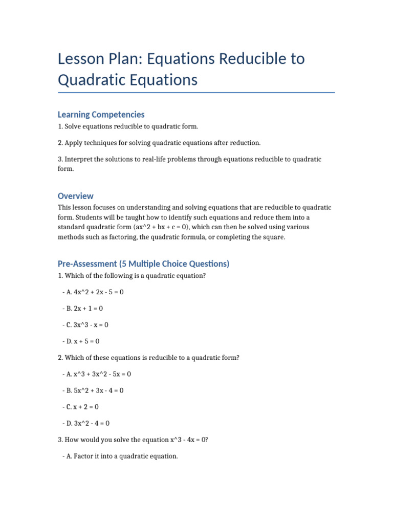 Lesson Plan Equations Reducible To Quadratic Equations | PDF ...