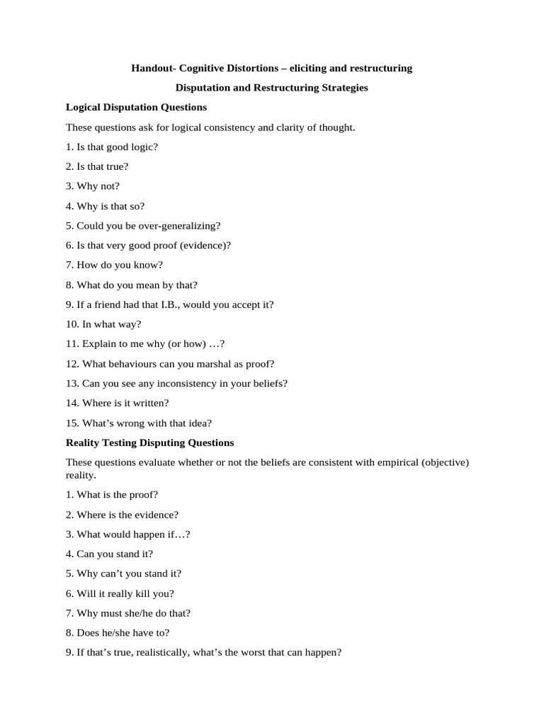 Handout - Cognitive Distortions Eliciting and Restructuring | PDF ...