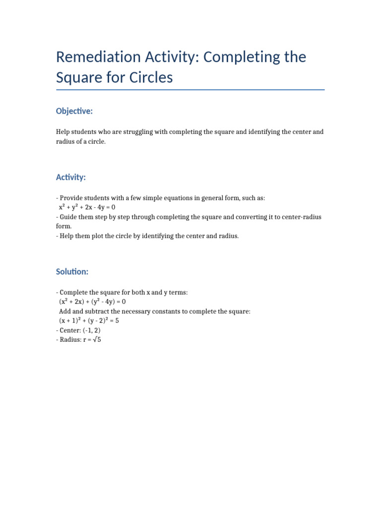 Completing the Square for Circles | PDF
