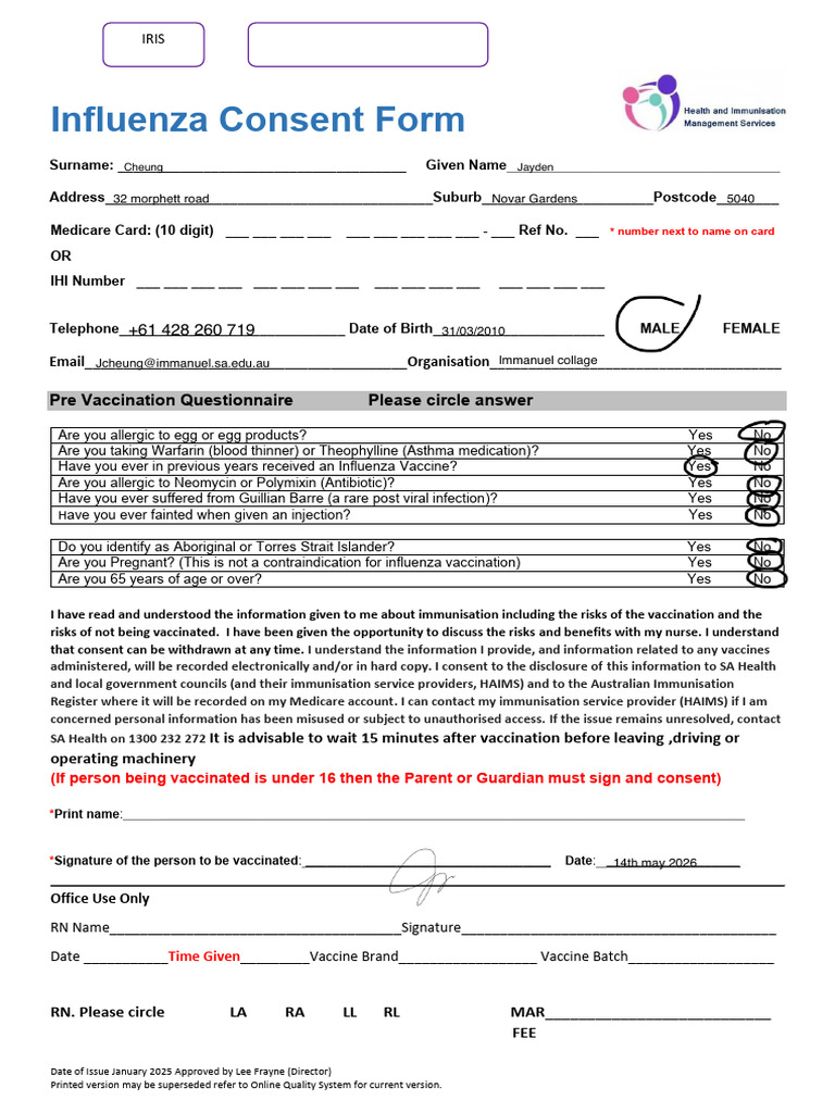 Clinic Flu Consent Forms 2025 | PDF | Influenza | Influenza Vaccine