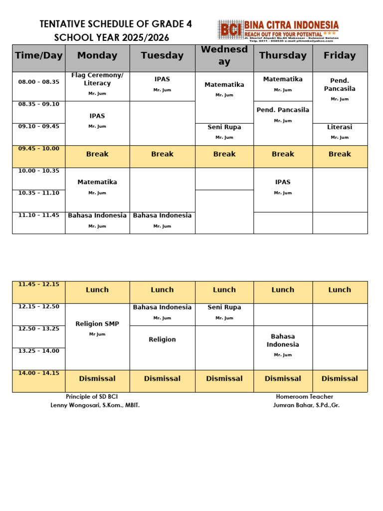 Grade 4 Schedule 2025/2026 | PDF