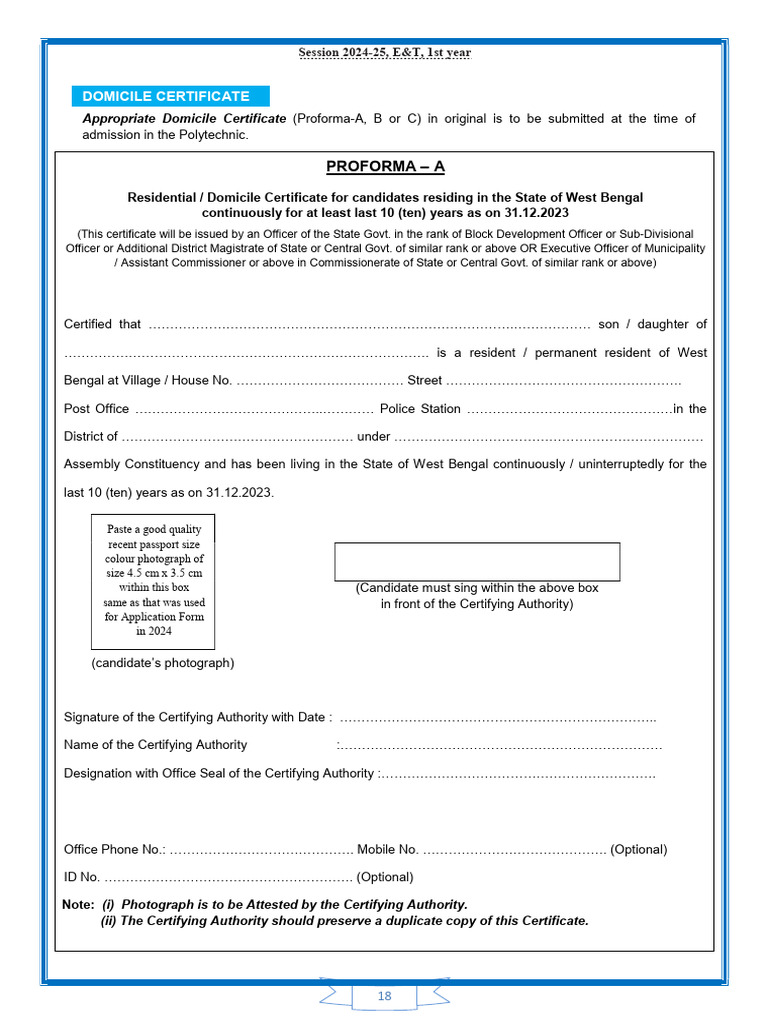 West Bengal Domicile Certificate A1 Form | PDF
