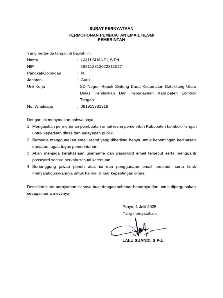 Surat Pernyataan Lalu Suandi | PDF