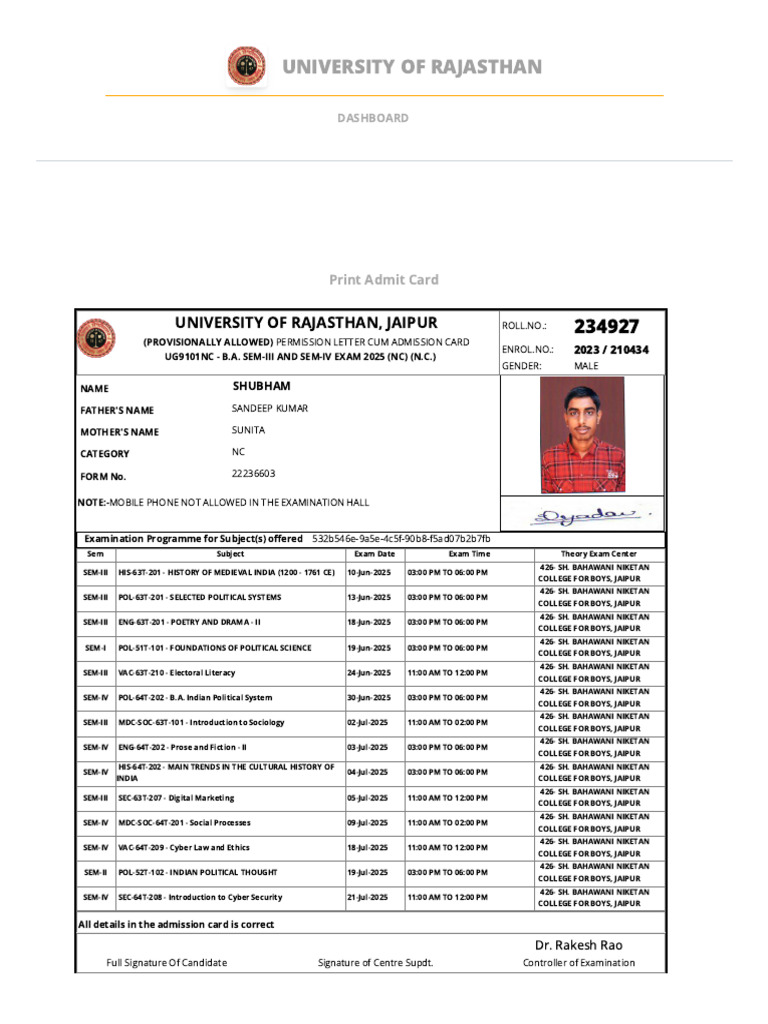 BA 4th Semester Admit Card 2025 | PDF