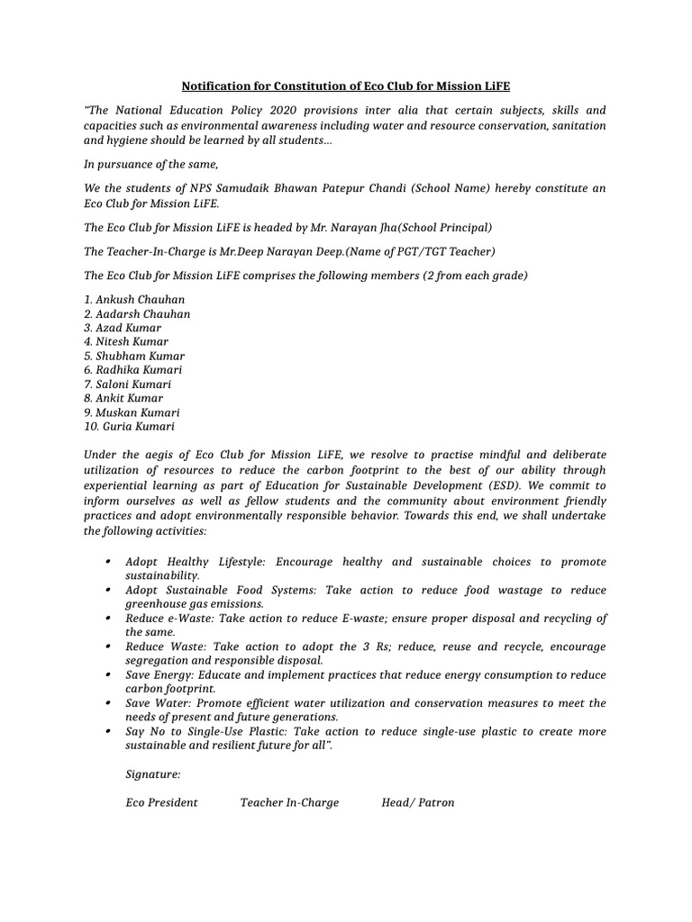 Eco Club Constitution for Mission LiFE | PDF