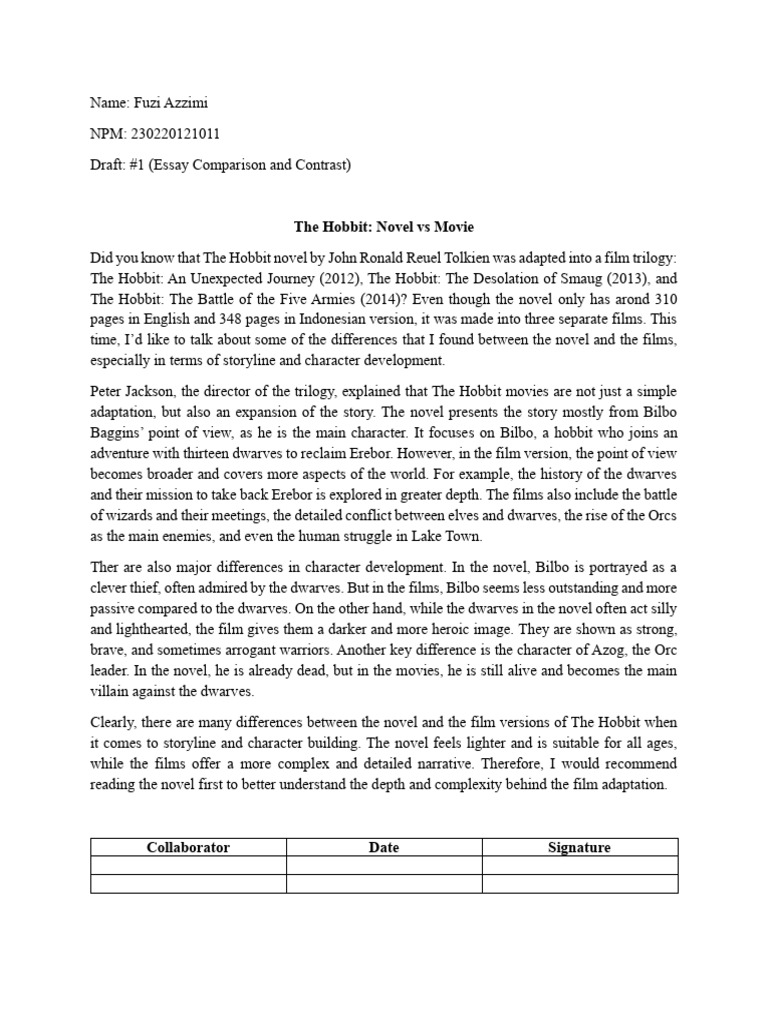 Draft 1 Comparison and Contrast | PDF | The Hobbit | Bilbo Baggins
