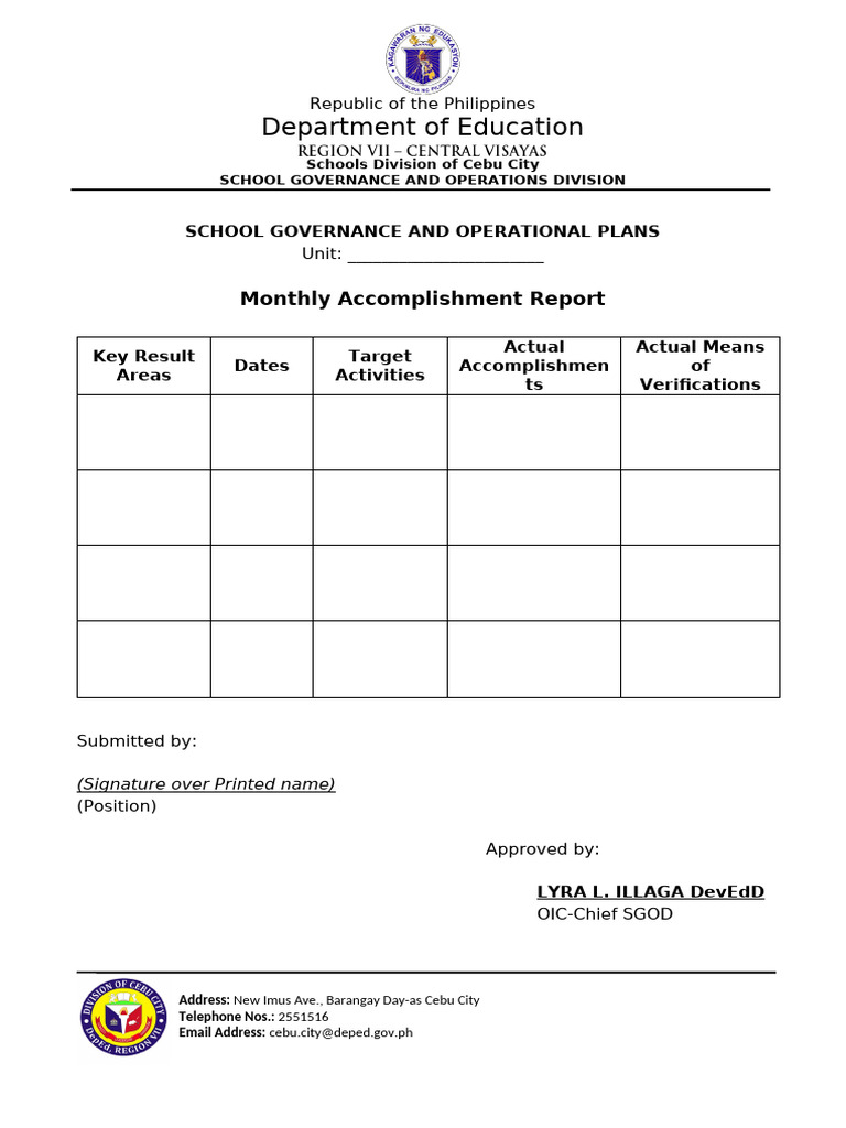 Monthly Accomplishment Report | PDF