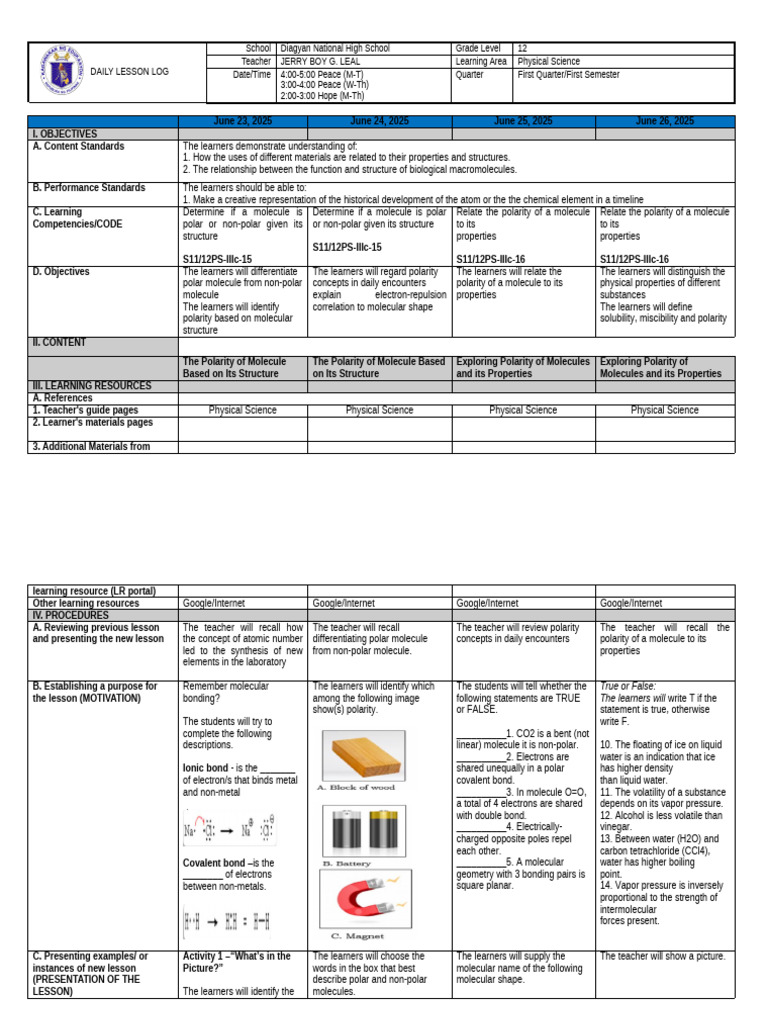 Physical Science DLP Q1W2-2025 | PDF | Chemical Polarity | Chemical Bond