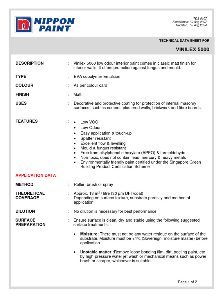 Vinilex 5000: Low Odour Paint Overview | PDF | Paint | Materials