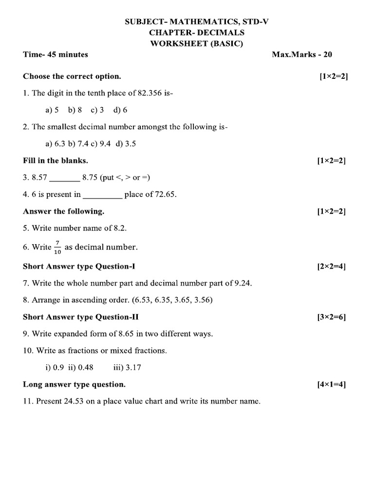 Decimal Worksheet | PDF