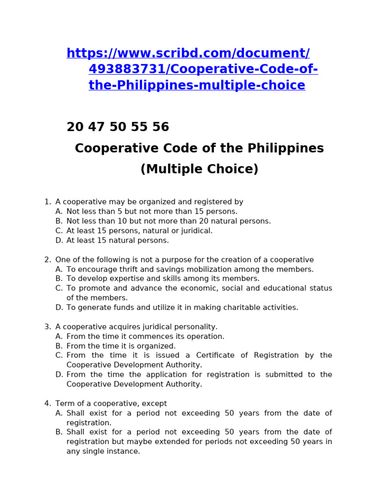 Cooperative Code of the Philippines Quiz | PDF | Taxes | Quorum