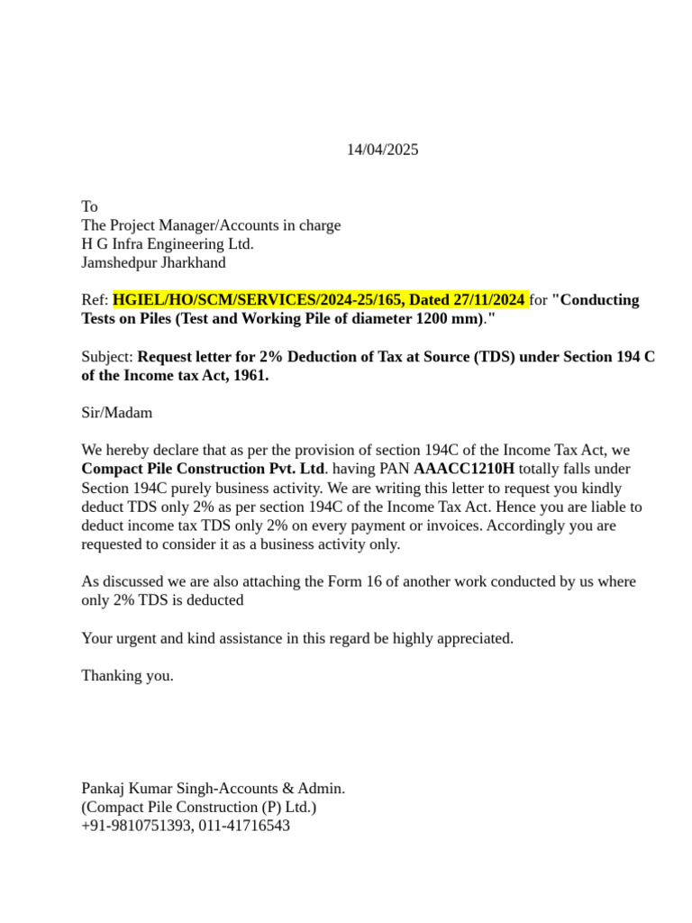 Request for 2% TDS Deduction | PDF