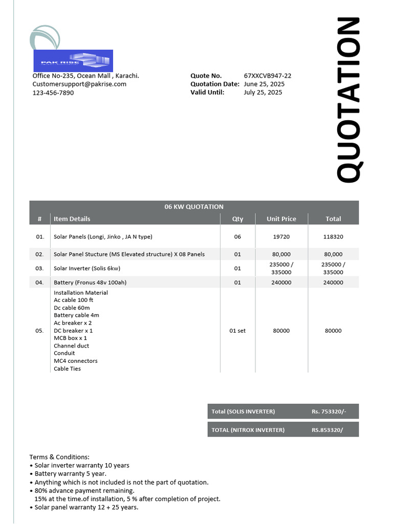 Solar Installation Quotation Karachi | PDF