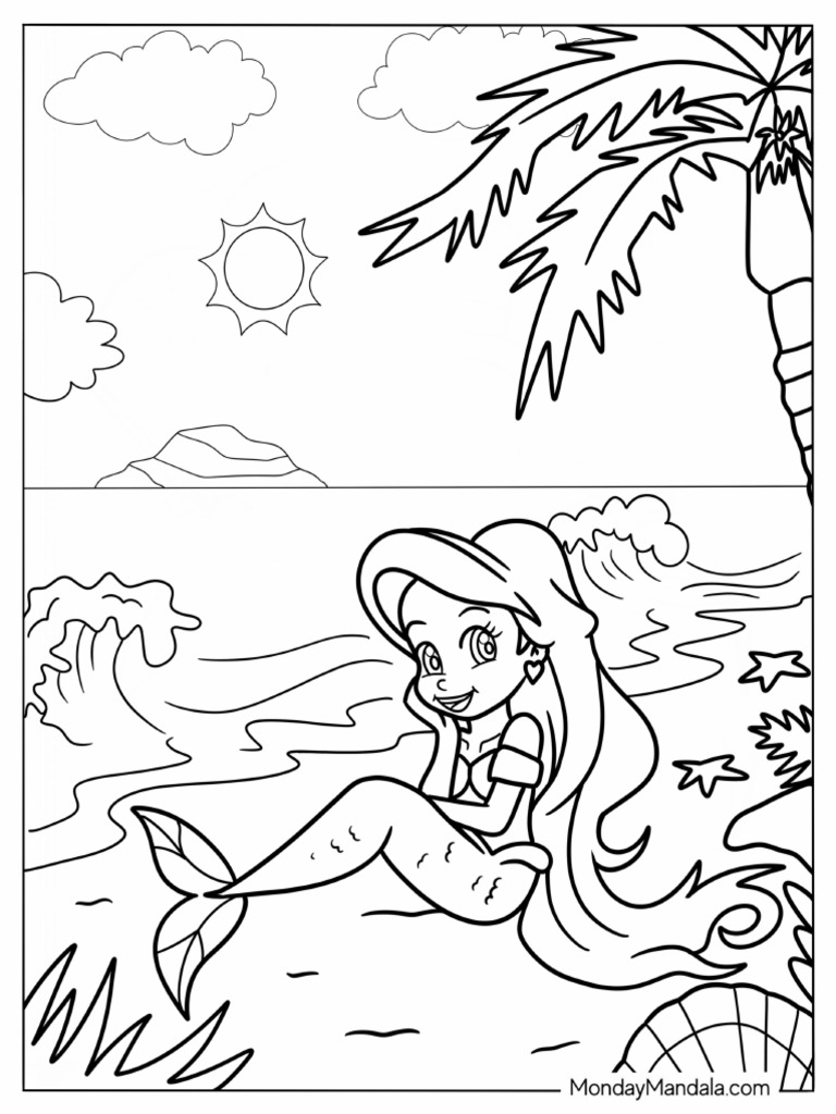 Mermaid Sitting On The Beach Coloring Sheet For Kids | PDF