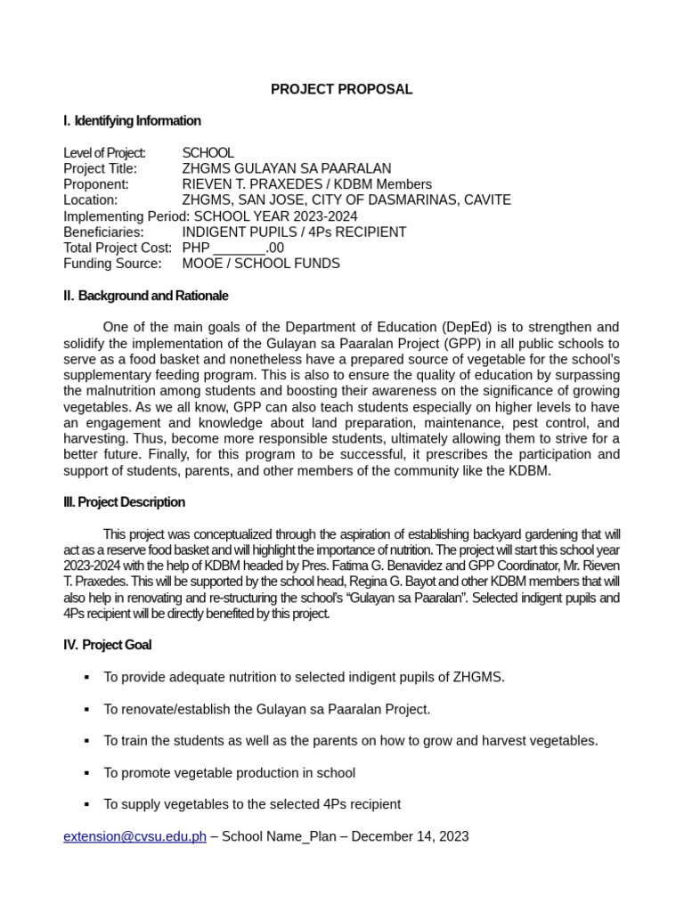 Gulayan Sa Paaralan Project Proposal 2023-2024 | PDF