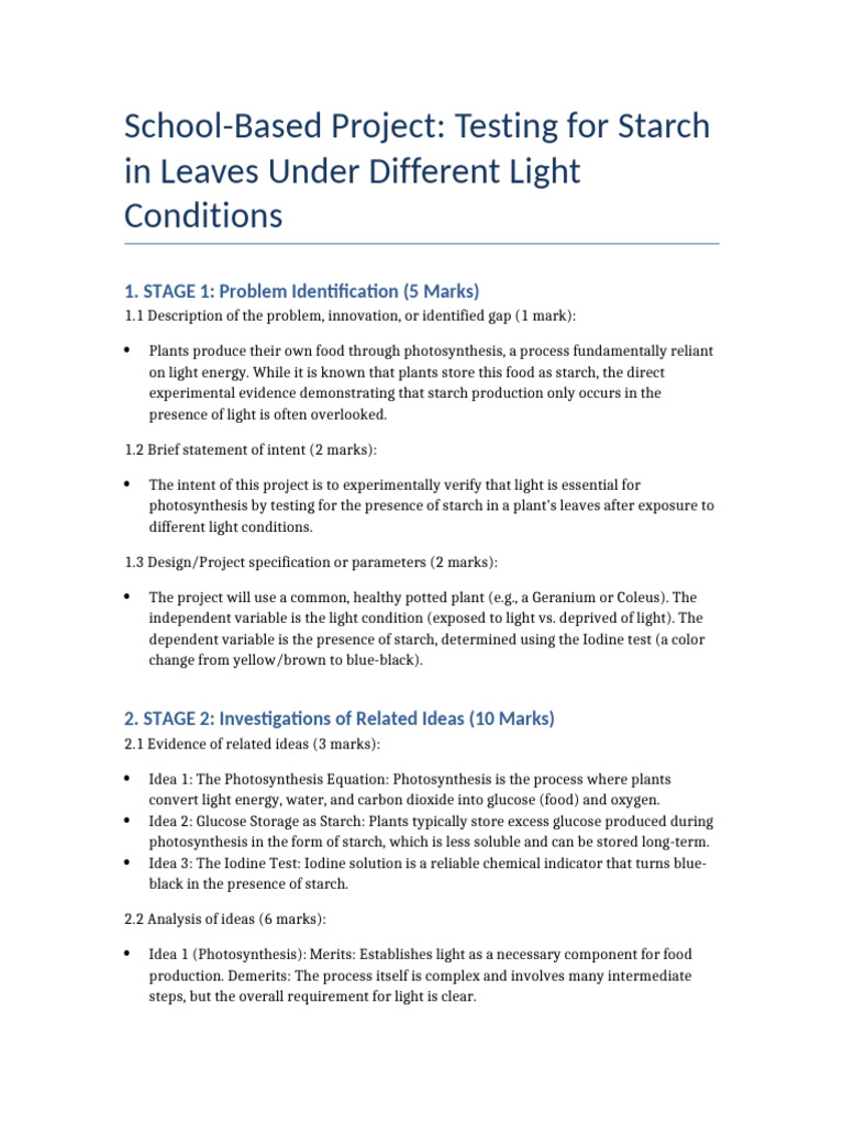 Photosynthesis Starch Test Project | PDF | Photosynthesis | Starch