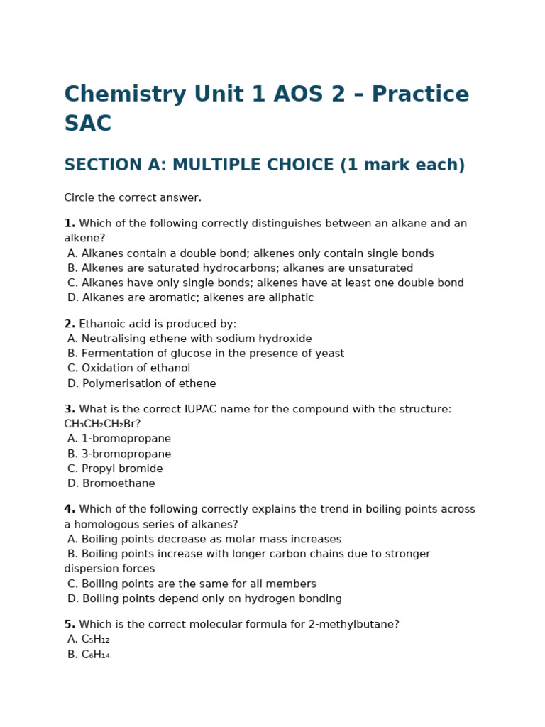 Chemistry Unit 1 AOS 2 - Practice SAC | PDF | Alkene | Alkane